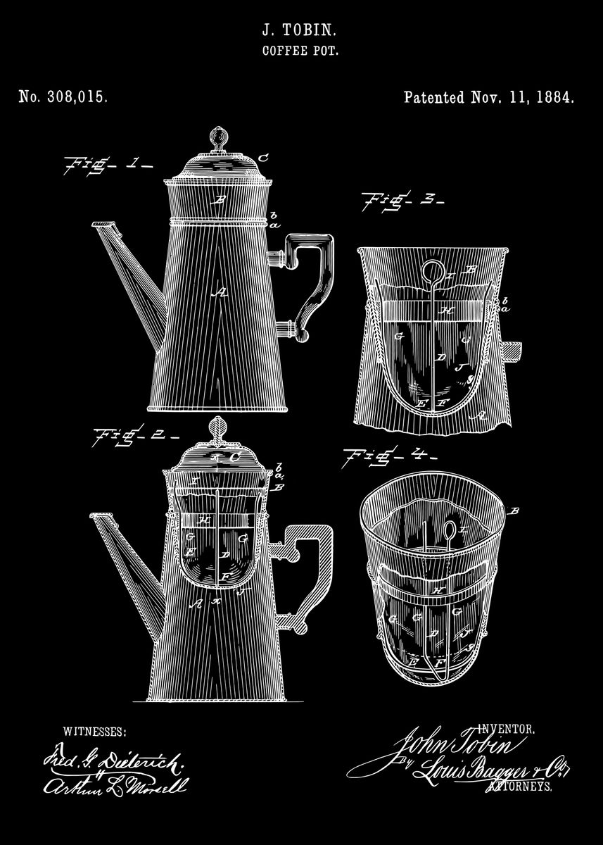 'Coffee pot patent 1884' Poster, picture, metal print, paint by ...