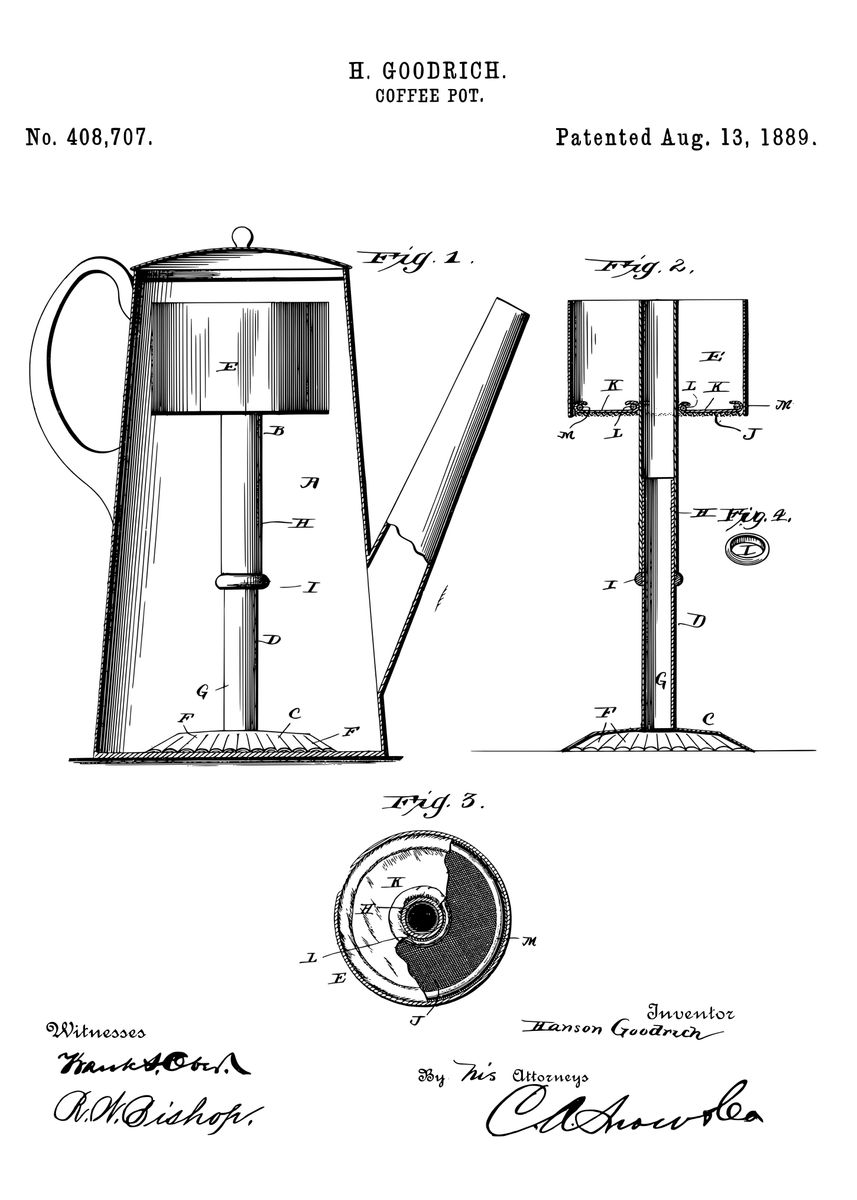 'Coffee pot patent 1889' Poster, picture, metal print, paint by ...