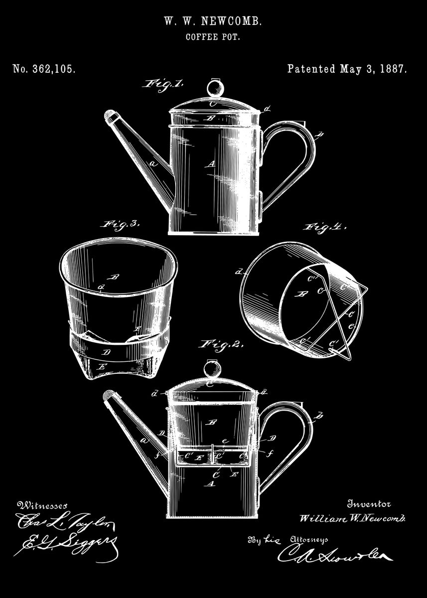 'Coffee pot patent 1887' Poster, picture, metal print, paint by ...