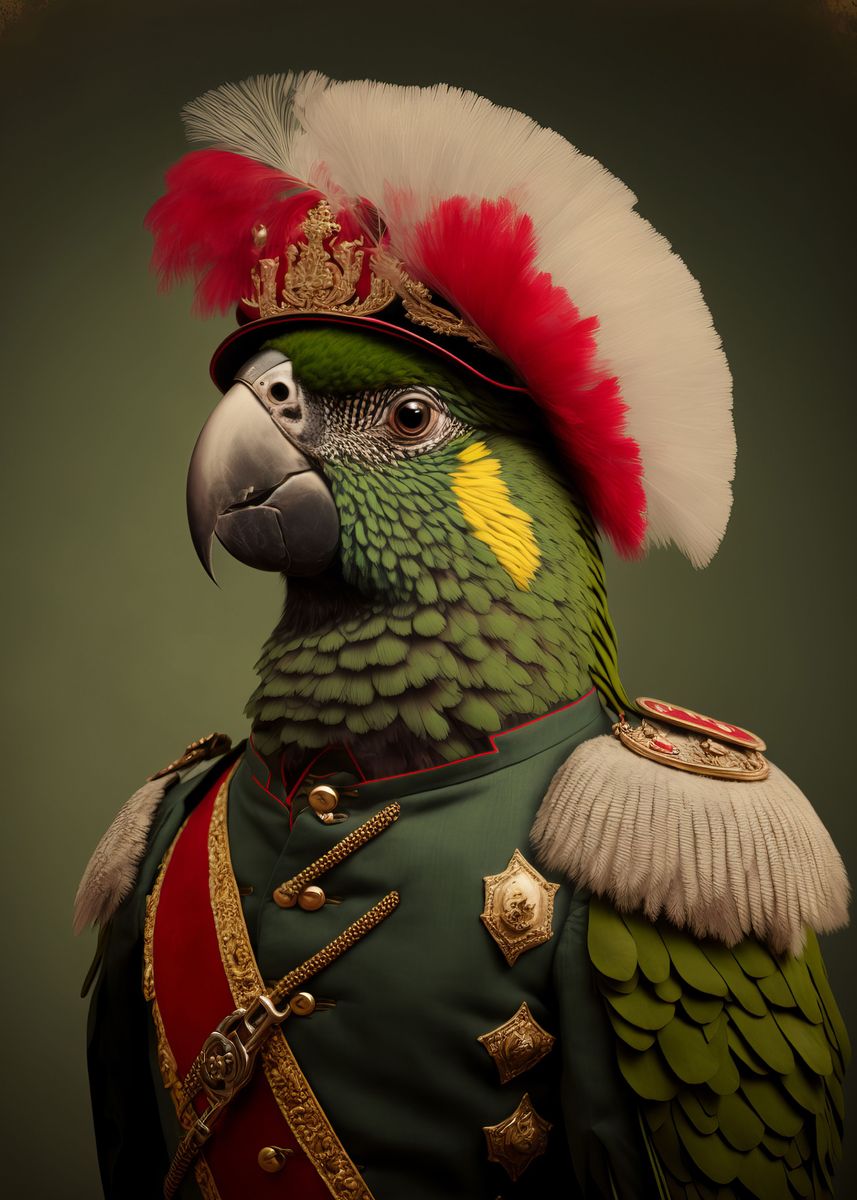 'Parrot in Military Uniform' Poster, picture, metal print, paint by ...