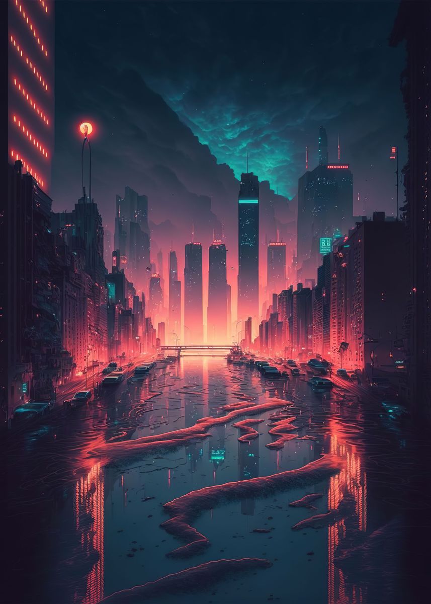 'Synthwave Cityscape' Poster, picture, metal print, paint by Lana ...