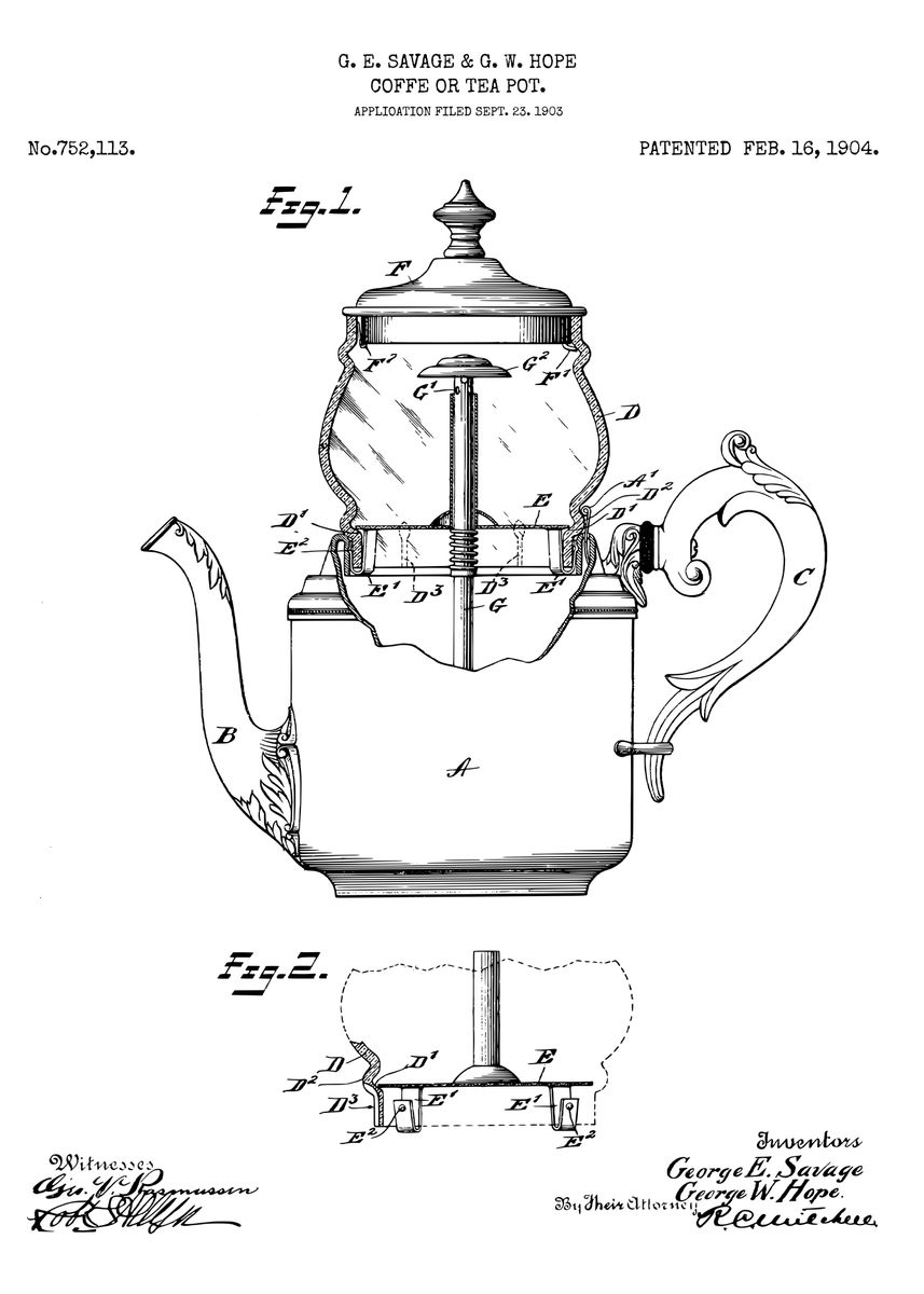 'Coffee or tea pot patent' Poster, picture, metal print, paint by ...