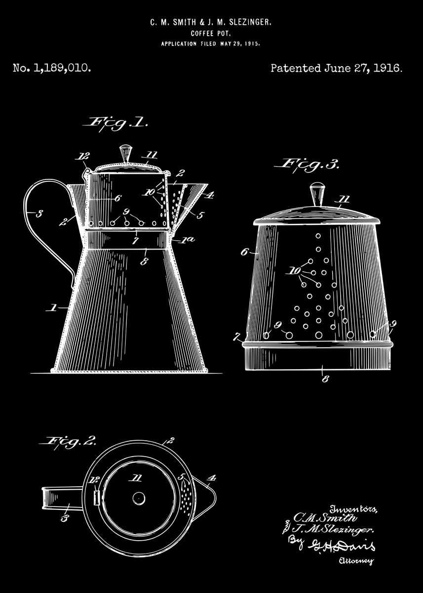 'Coffee pot patent 1916' Poster, picture, metal print, paint by ...