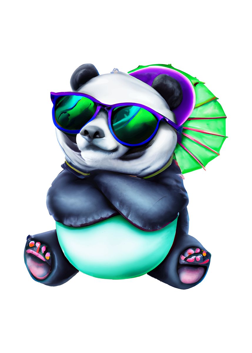 'Funny panda with an umbrel' Poster, picture, metal print, paint by ...