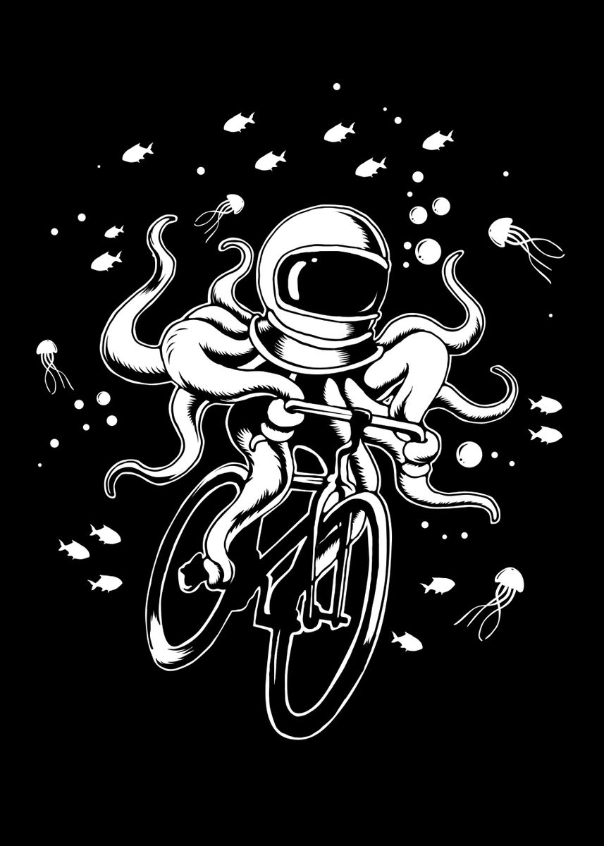 'Octopus Space Bicycle Moon' Poster, picture, metal print, paint by ...