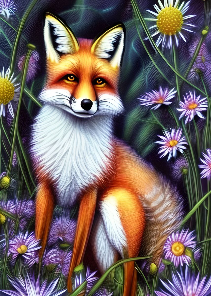 'Fox Animal with Flowers' Poster, picture, metal print, paint by Max ...