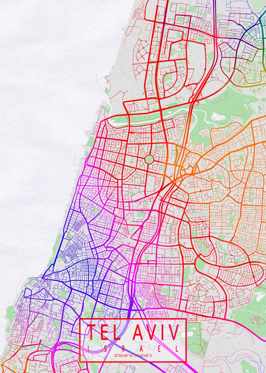 'Tel Aviv City Map Colorful' Poster, picture, metal print, paint by ...