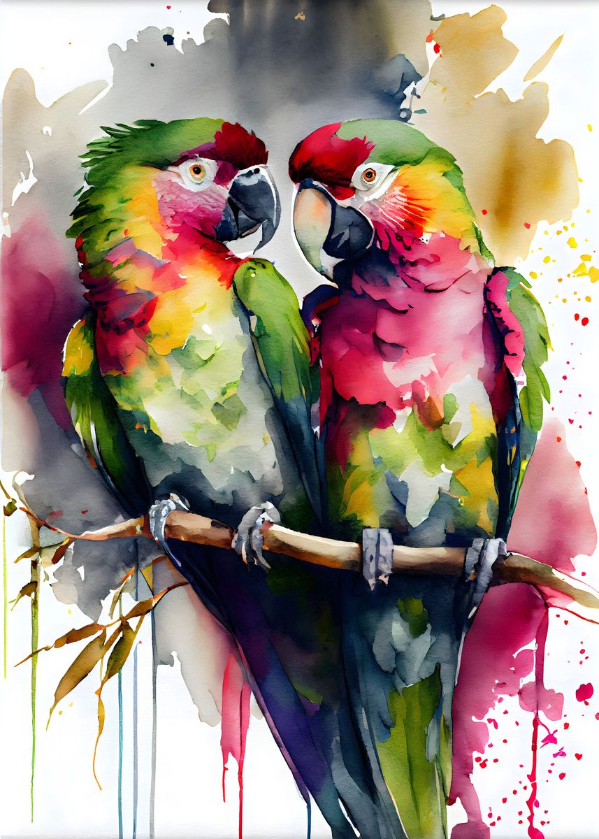 'Romantic Parrot Couple' Poster, picture, metal print, paint by Ali Ch ...