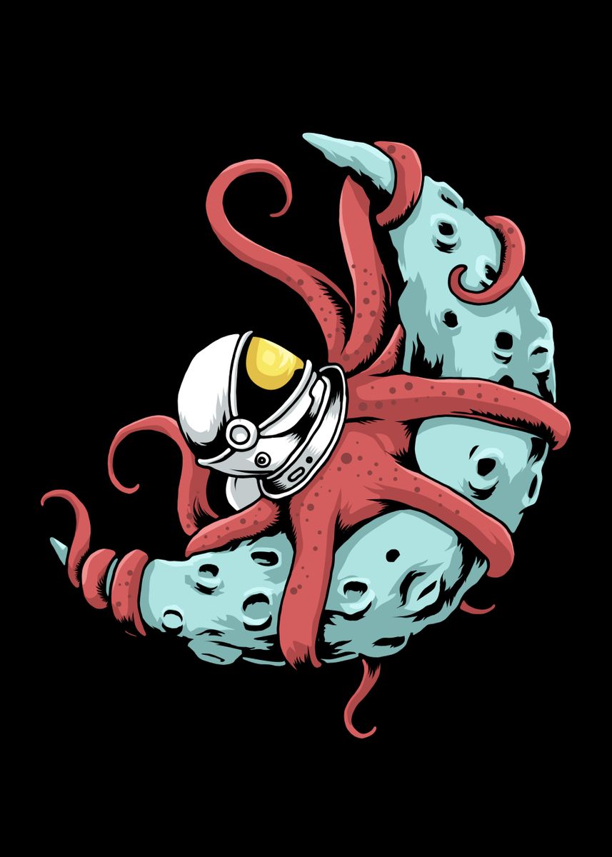 'Octopus Moon Landing Space' Poster, picture, metal print, paint by ...