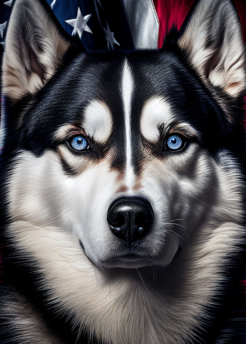 'Husky USA Flag America' Poster, picture, metal print, paint by ...