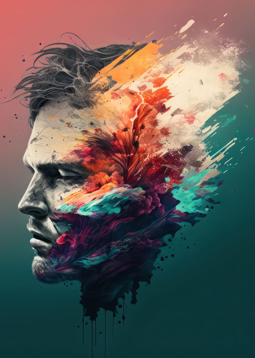 'Explosive mans face' Poster, picture, metal print, paint by ...