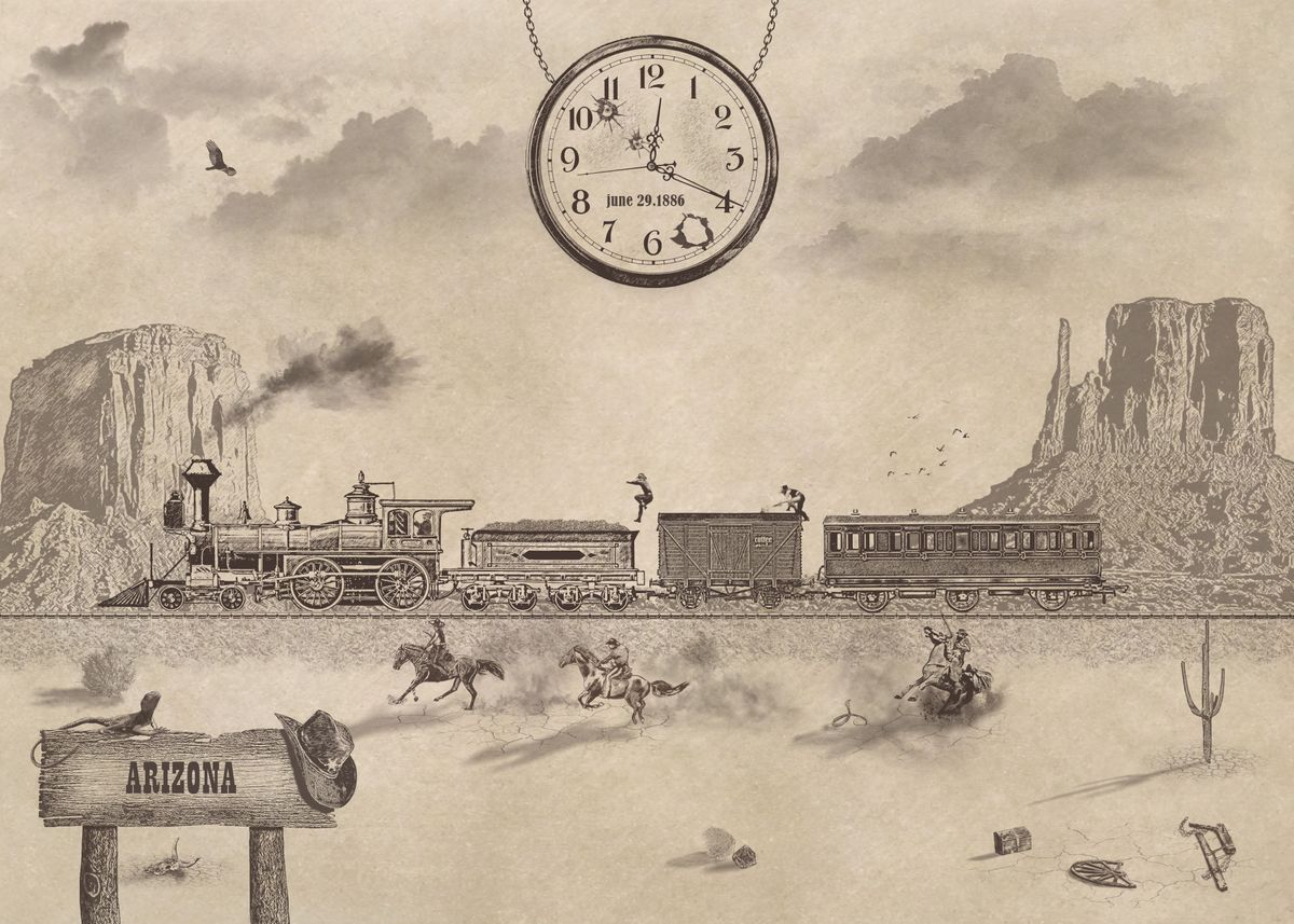 'Train robbery in the West' Poster by Norby Jenei | Displate