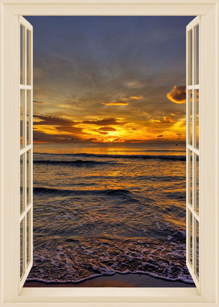 'Open window view sea beach' Poster, picture, metal print, paint by ...