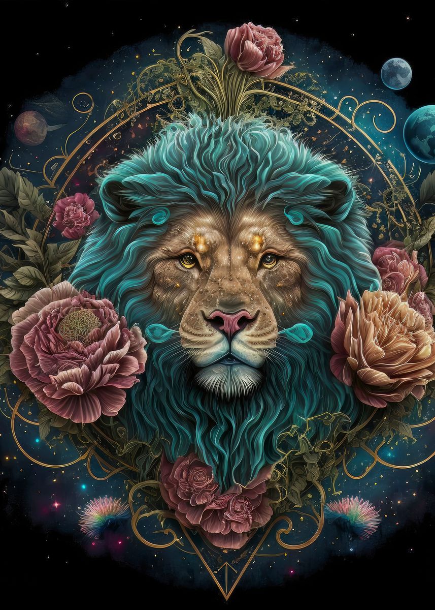 'Aqua Mane Floral Lion' Poster, picture, metal print, paint by ...