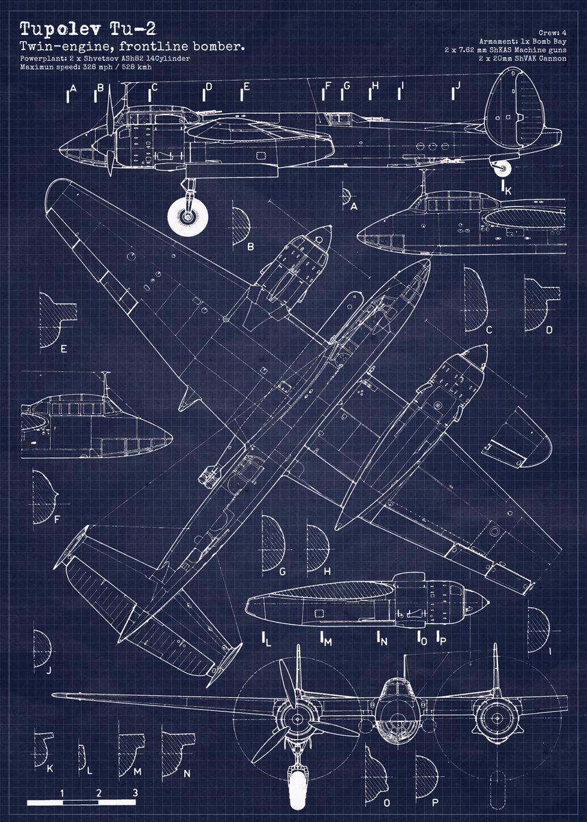 'Tupolev Tu2 Blueprint' Poster, picture, metal print, paint by AirCraft Lover | Displate