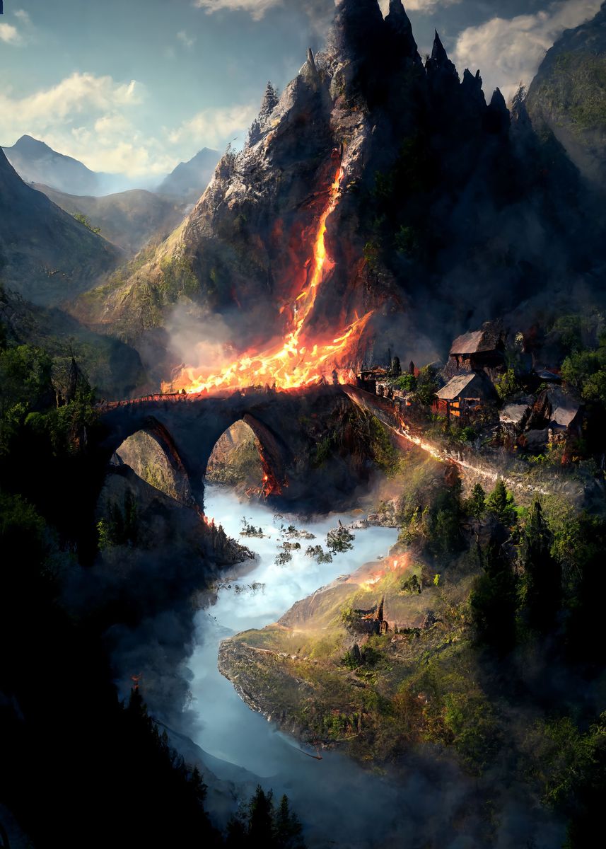'the village and the fire' Poster, picture, metal print, paint by Dario ...