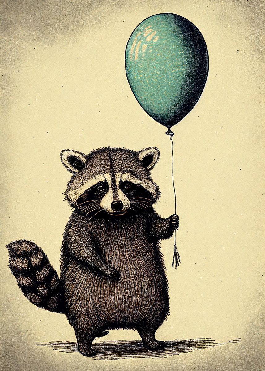 'Raccoon Balloon' Poster, picture, metal print, paint by DecoyDesign ...