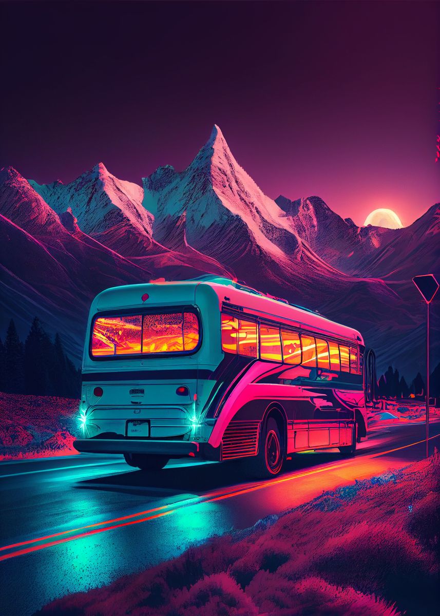 'Synthwave Bus' Poster, picture, metal print, paint by Holzkovic | Displate