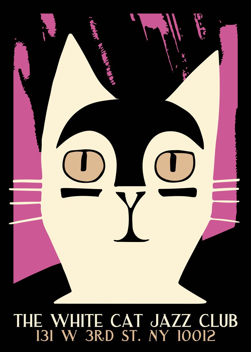 'The White Cat Jazz Poster' Poster, picture, metal print, paint by BluePinkPanther | Displate