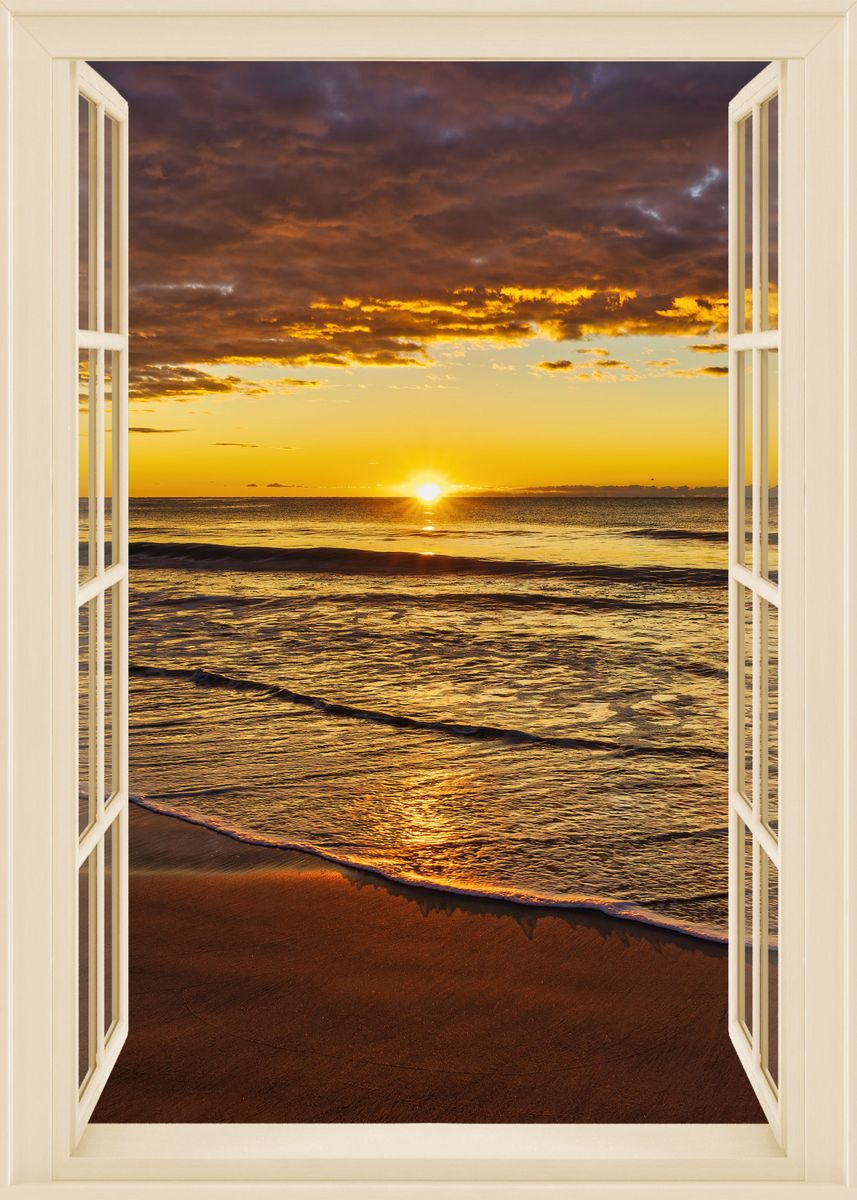 'Open window view sea beach' Poster, picture, metal print, paint by ...