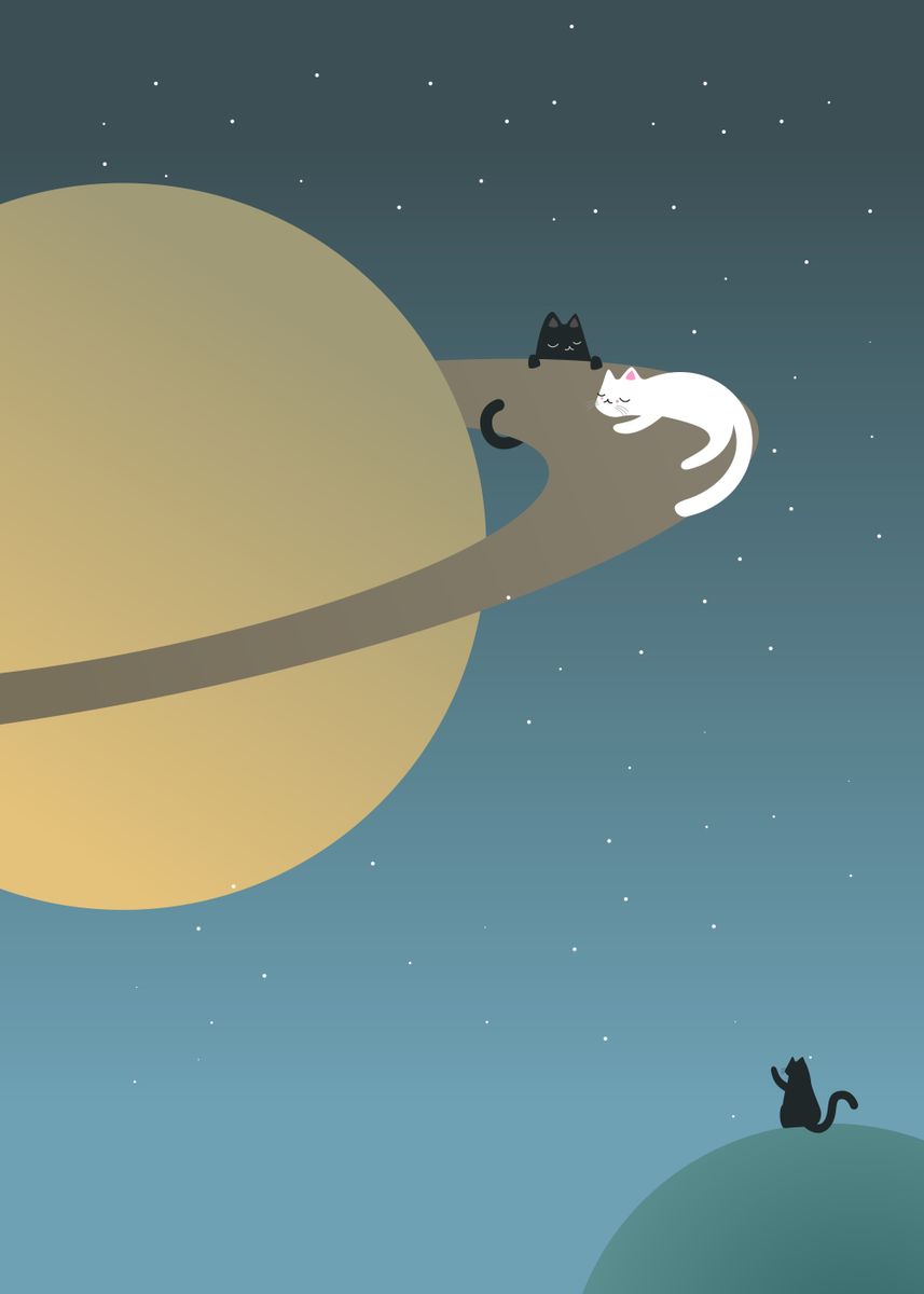 'jealous cat love saturn ' Poster, picture, metal print, paint by yunur ...