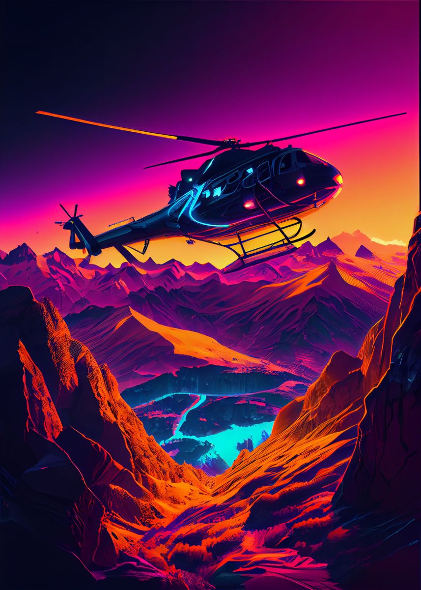 'Synthwave Helicopter 12' Poster, picture, metal print, paint by ...