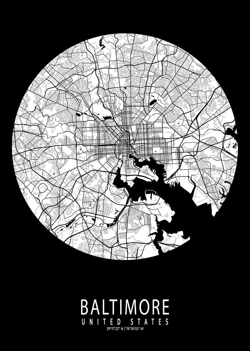 'Baltimore City Map Moon' Poster, picture, metal print, paint by deMAP ...