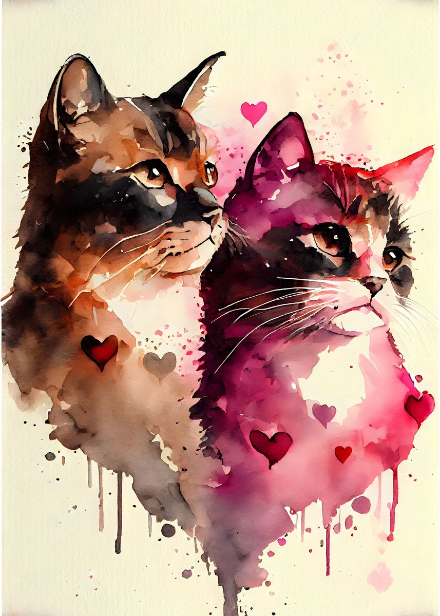 'Cat Romantic Couple' Poster, picture, metal print, paint by Ali Ch | Displate