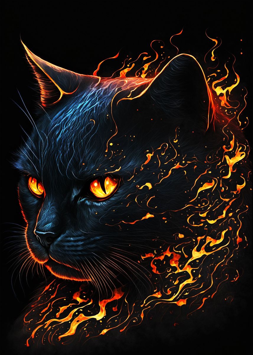 'Black Cat With Fire Paint' Poster, picture, metal print, paint by ...