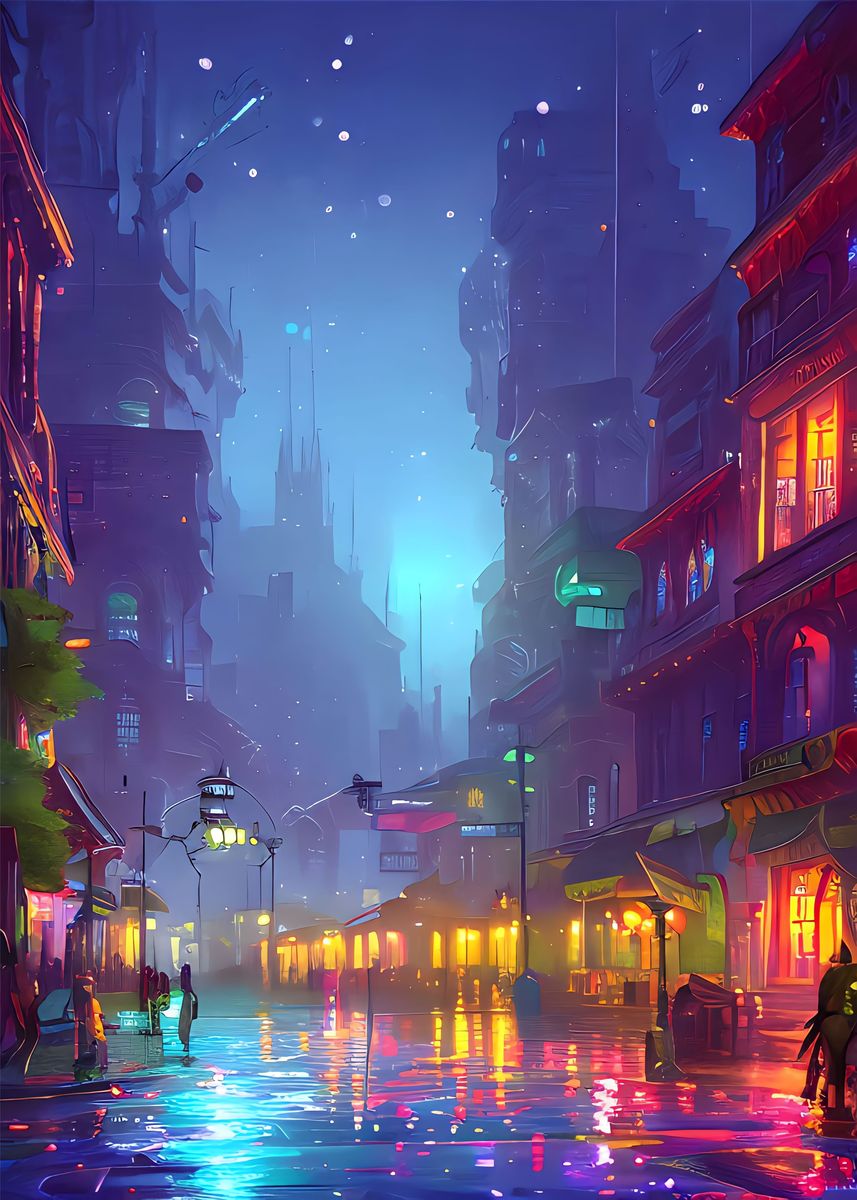 'Vibrant Snowy City' Poster, picture, metal print, paint by Alex Bayu ...