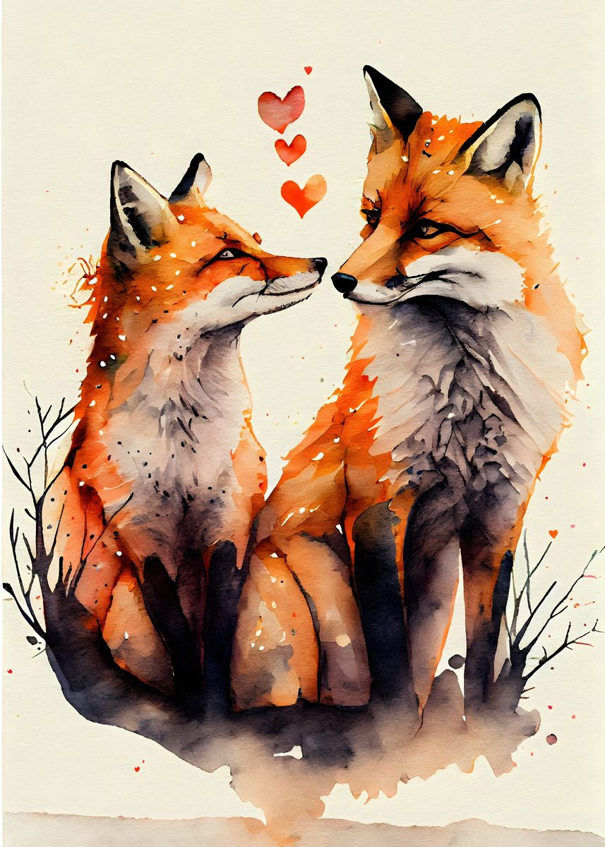'Fox Romantic Couple' Poster, picture, metal print, paint by Ali Ch ...