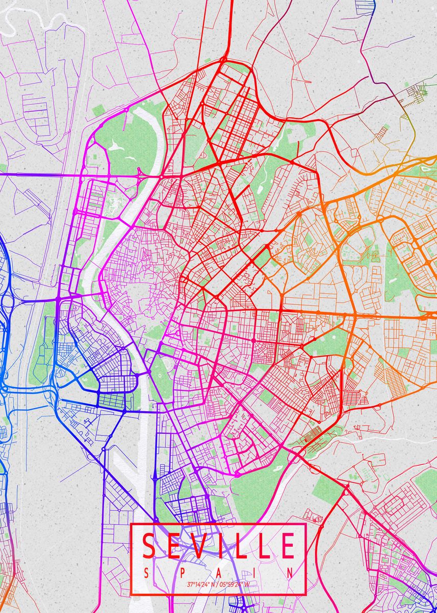 'Seville City Map Colorful' Poster, picture, metal print, paint by ...