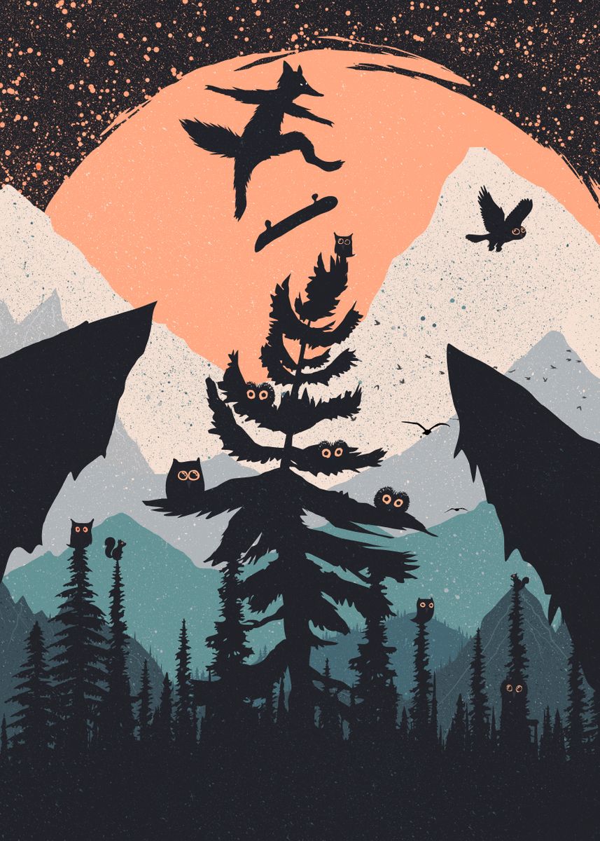 'Orange Moon and Skater Fox' Poster, picture, metal print, paint by ...