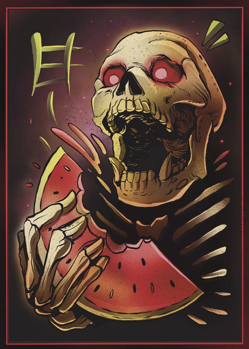 'Skeleton Eating Watermelon' Poster, picture, metal print, paint by ...