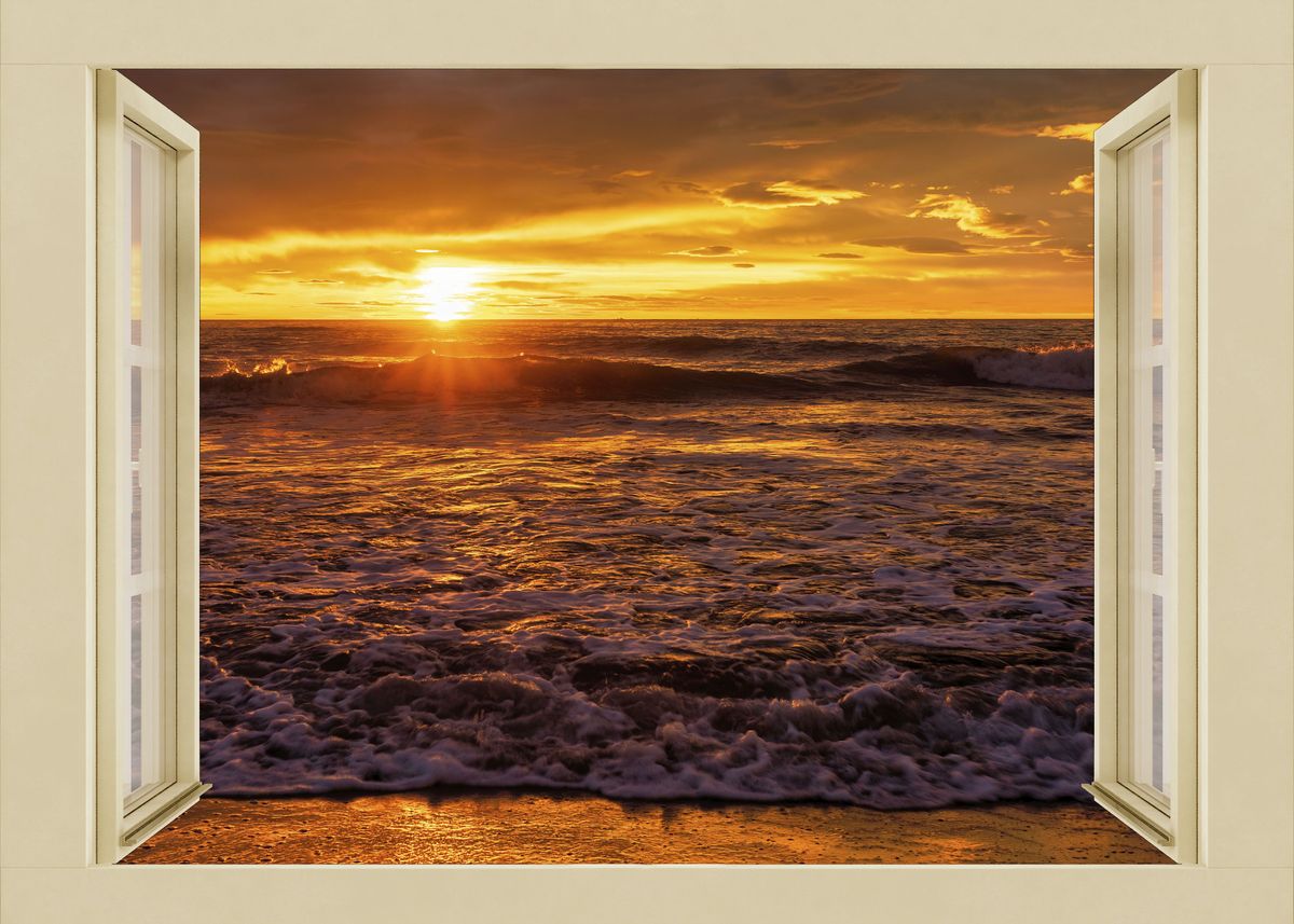 'Open window view sea beach' Poster by Vicen | Displate