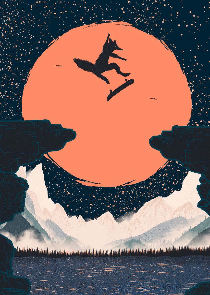 'Orange Moon and Skater Fox' Poster, picture, metal print, paint by ...