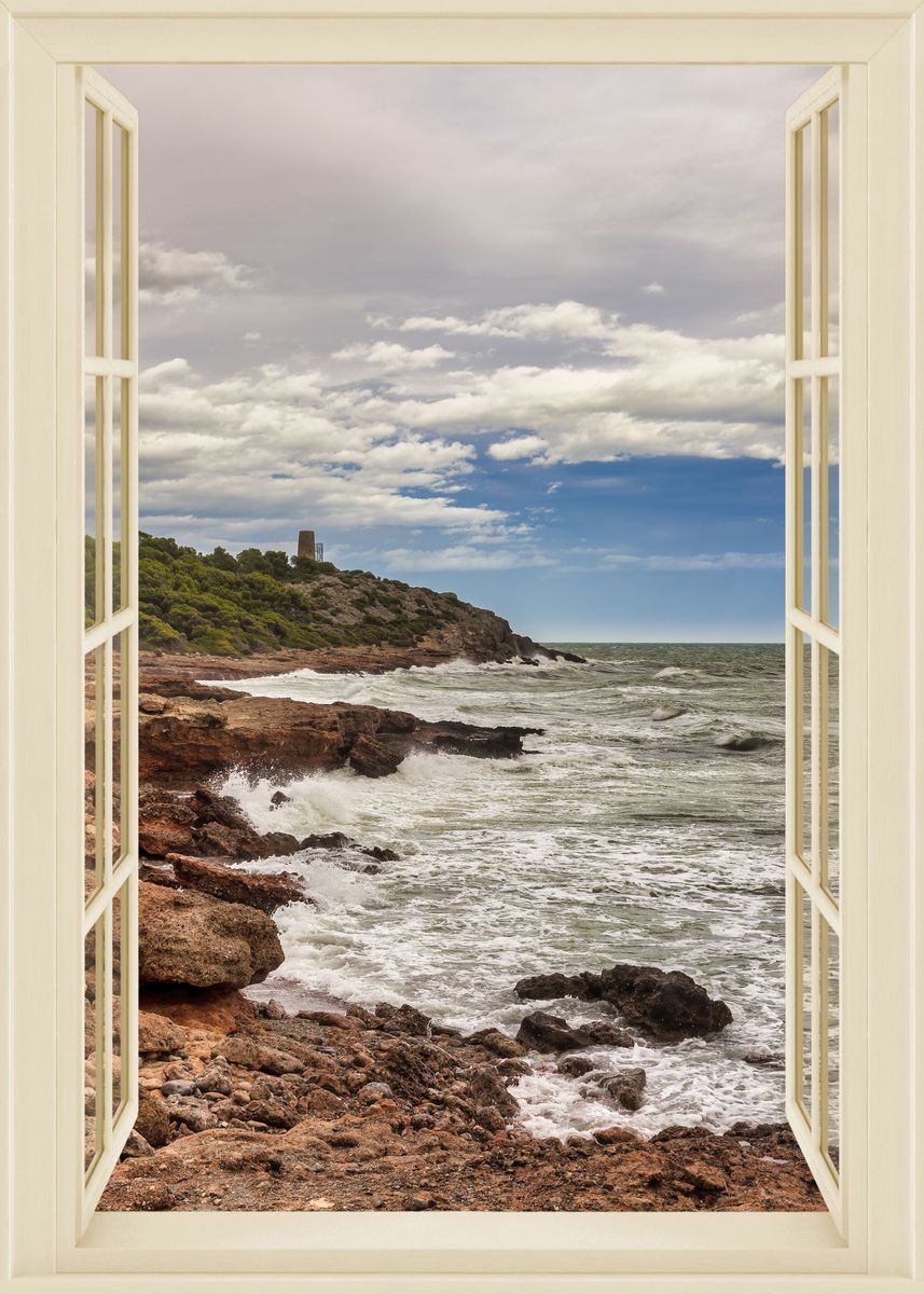 'Open window view sea beach' Poster, picture, metal print, paint by ...