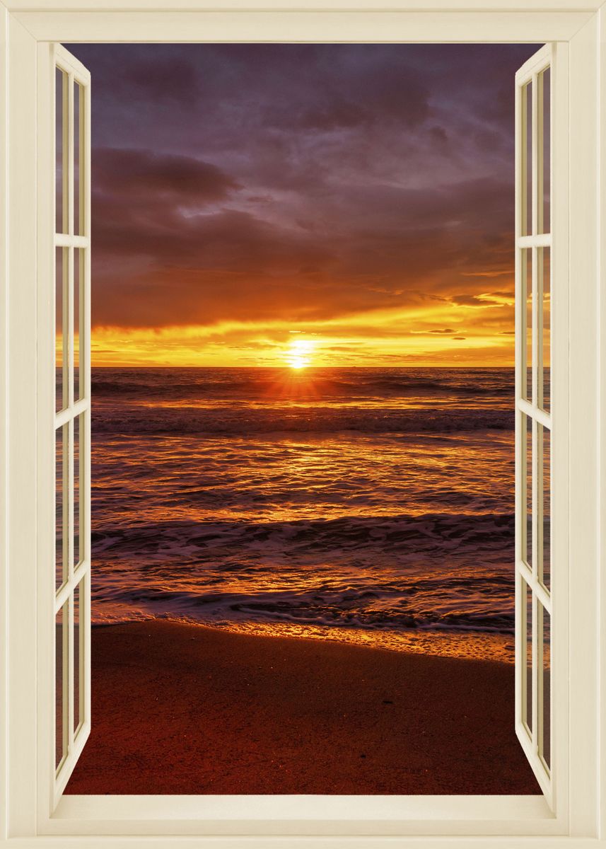 'Open window view sea beach' Poster, picture, metal print, paint by ...