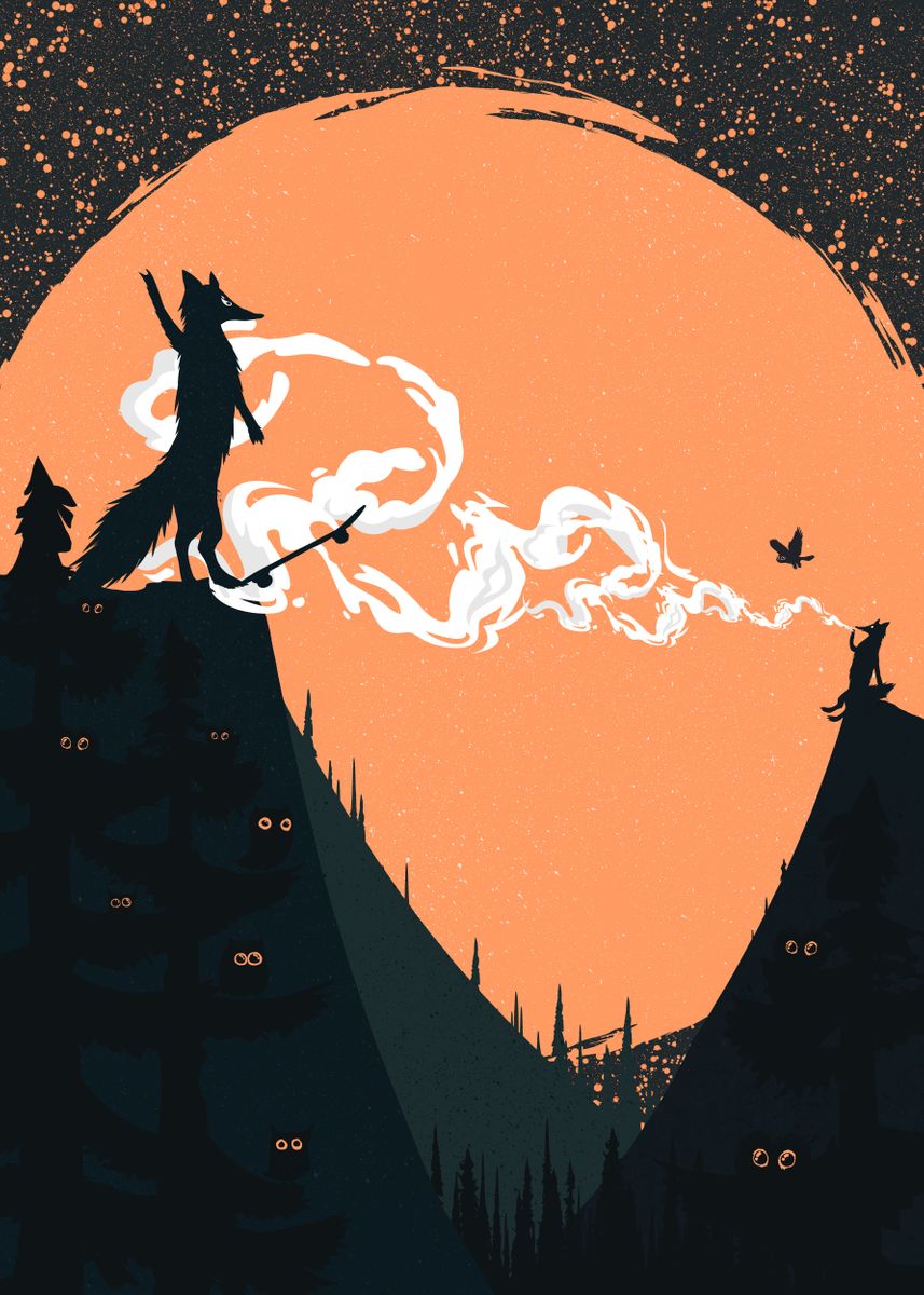 'Orange Moon and Skater Fox' Poster, picture, metal print, paint by ...