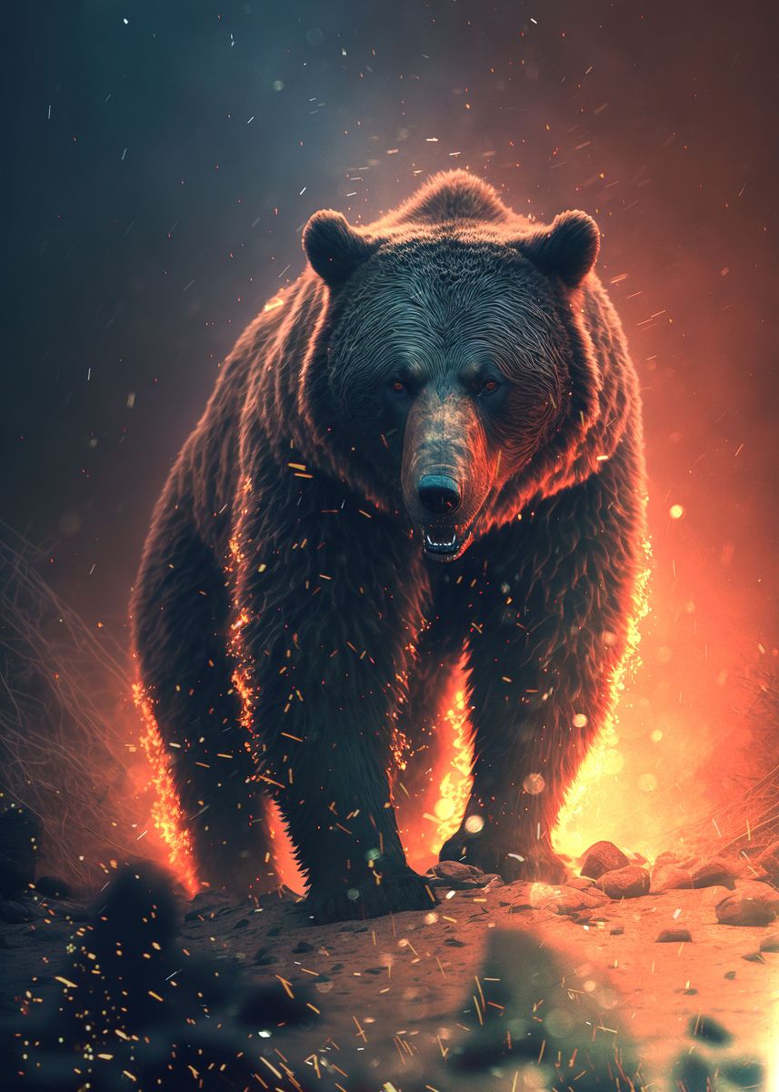 'Bear in fire' Poster, picture, metal print, paint by Arturo Vivo | Displate