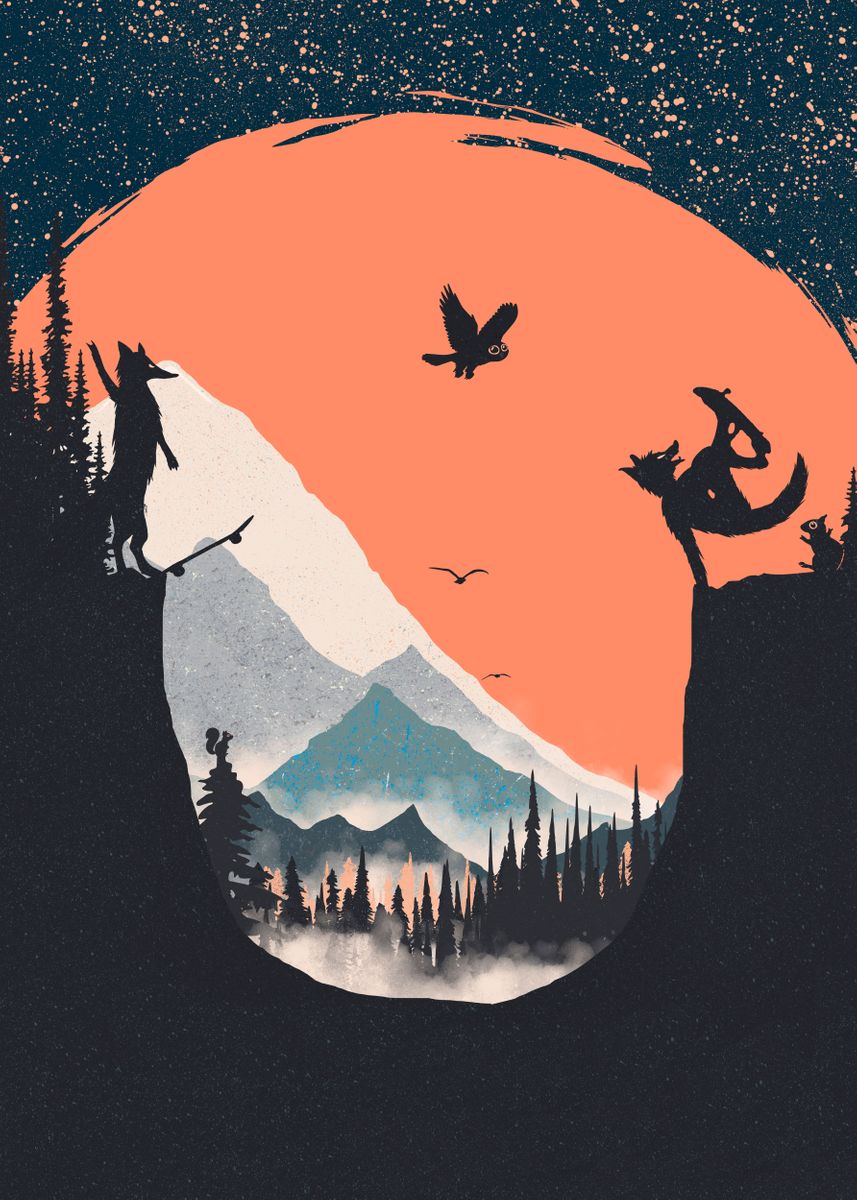 'Orange Moon and Skater Fox' Poster, picture, metal print, paint by ...