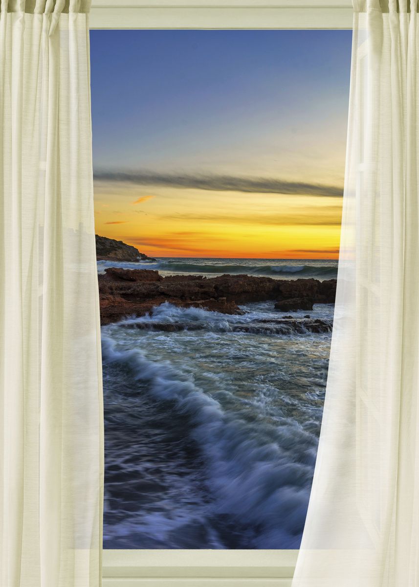 'Open window view sea beach' Poster, picture, metal print, paint by ...