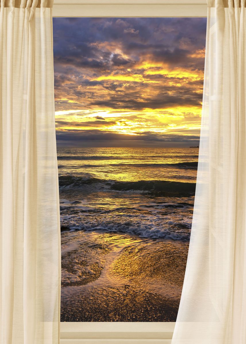 'Open window view sea beach' Poster, picture, metal print, paint by ...