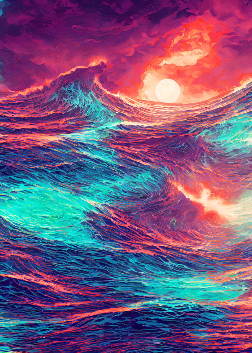 'cloudy sunset and waves ' Poster, picture, metal print, paint by ...