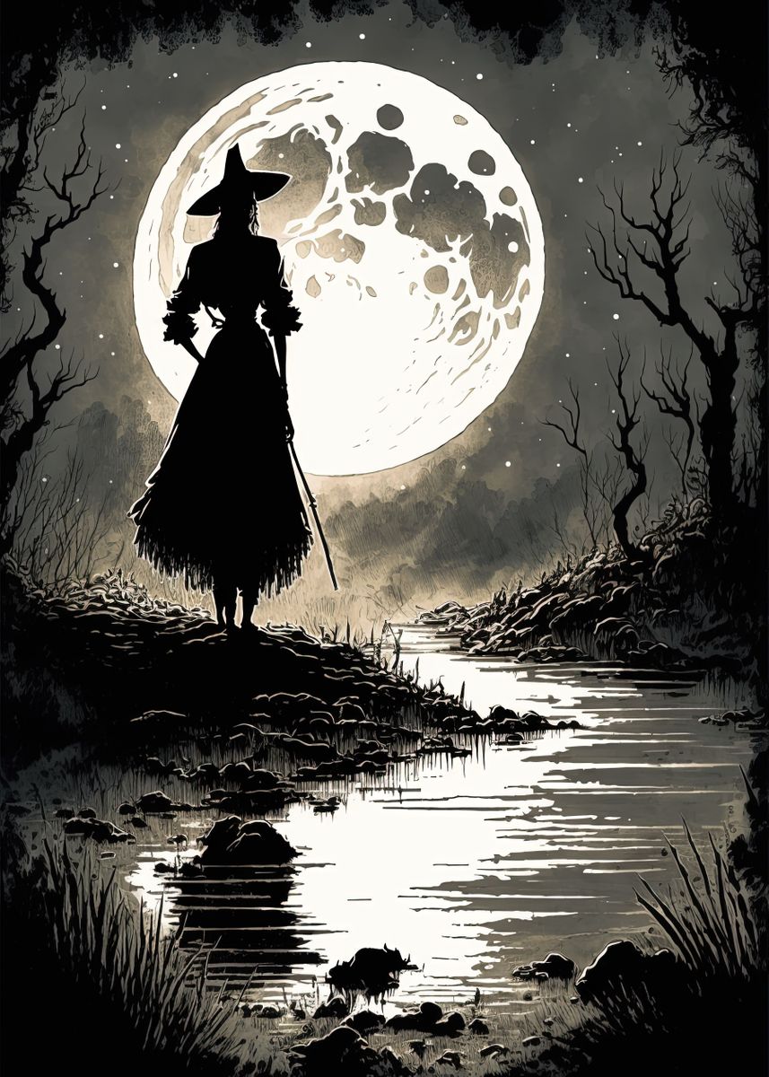 'Witch And A Full Moon' Poster, picture, metal print, paint by ...