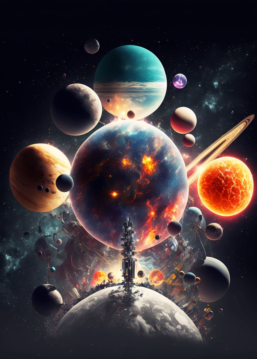 'Space scene with planets' Poster, picture, metal print, paint by ...