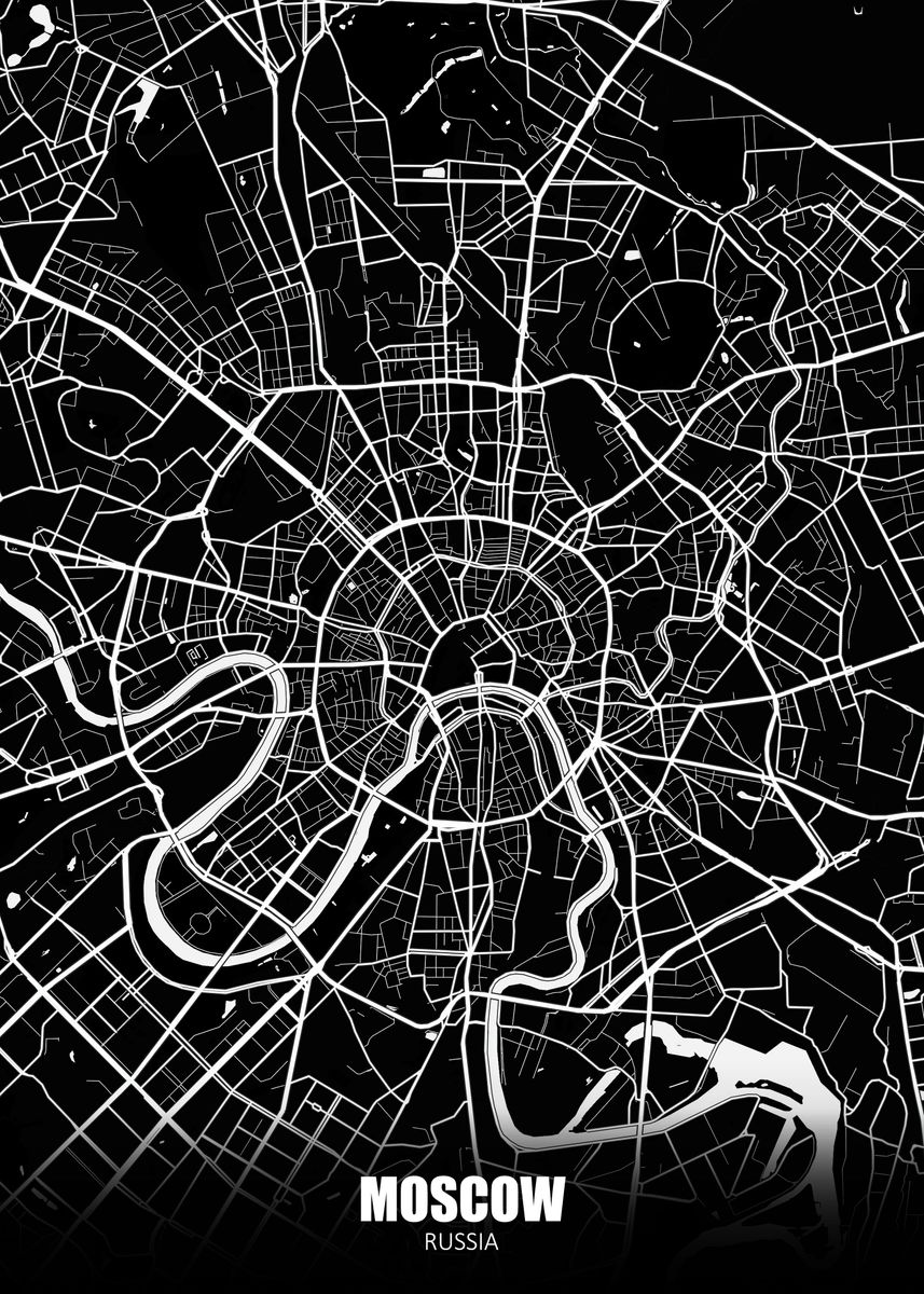 'Moscow Russia Dark Map' Poster, picture, metal print, paint by Zake ...