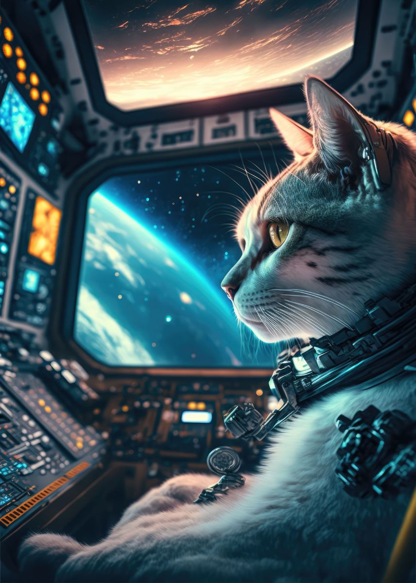 'cat travelling in space' Poster, picture, metal print, paint by ...