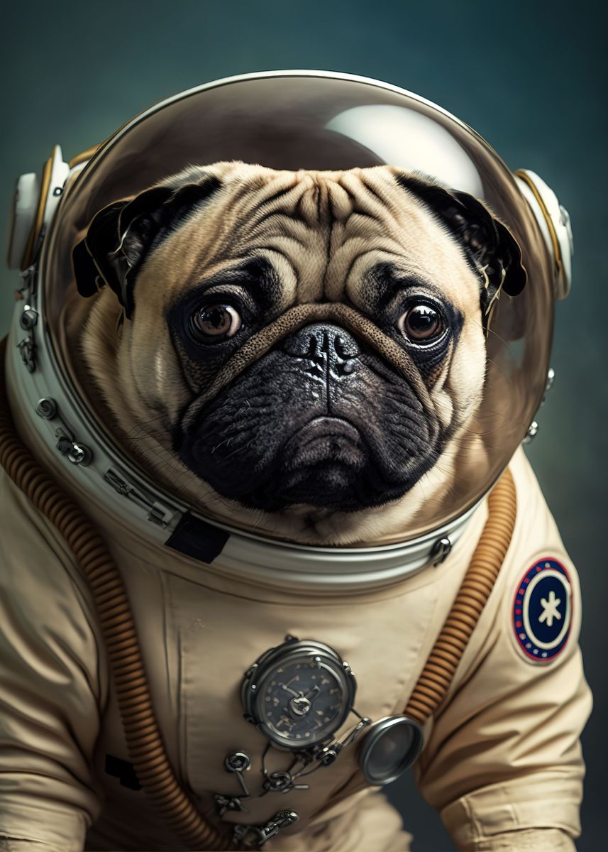 'space dog pug astronaut' Poster, picture, metal print, paint by ...