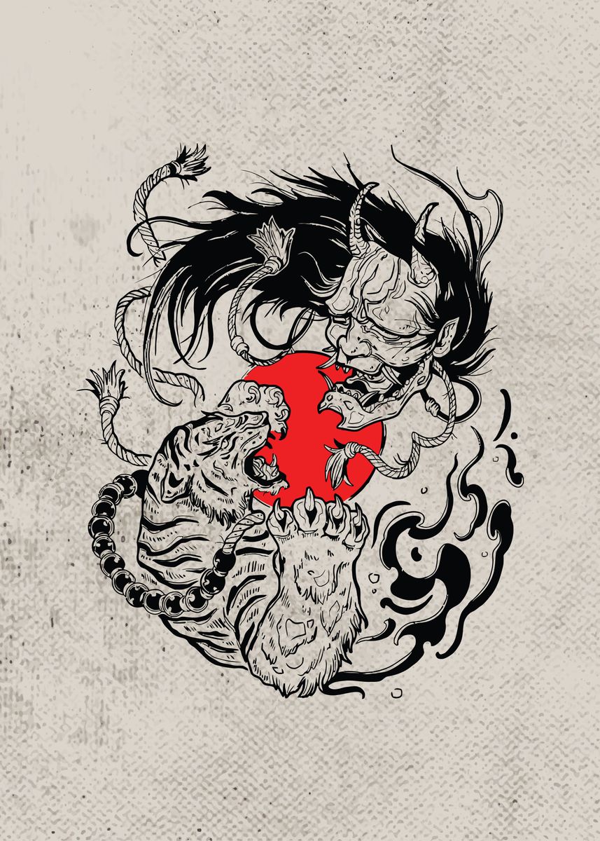 'Japanese Tiger and Yokai' Poster, picture, metal print, paint by Green ...